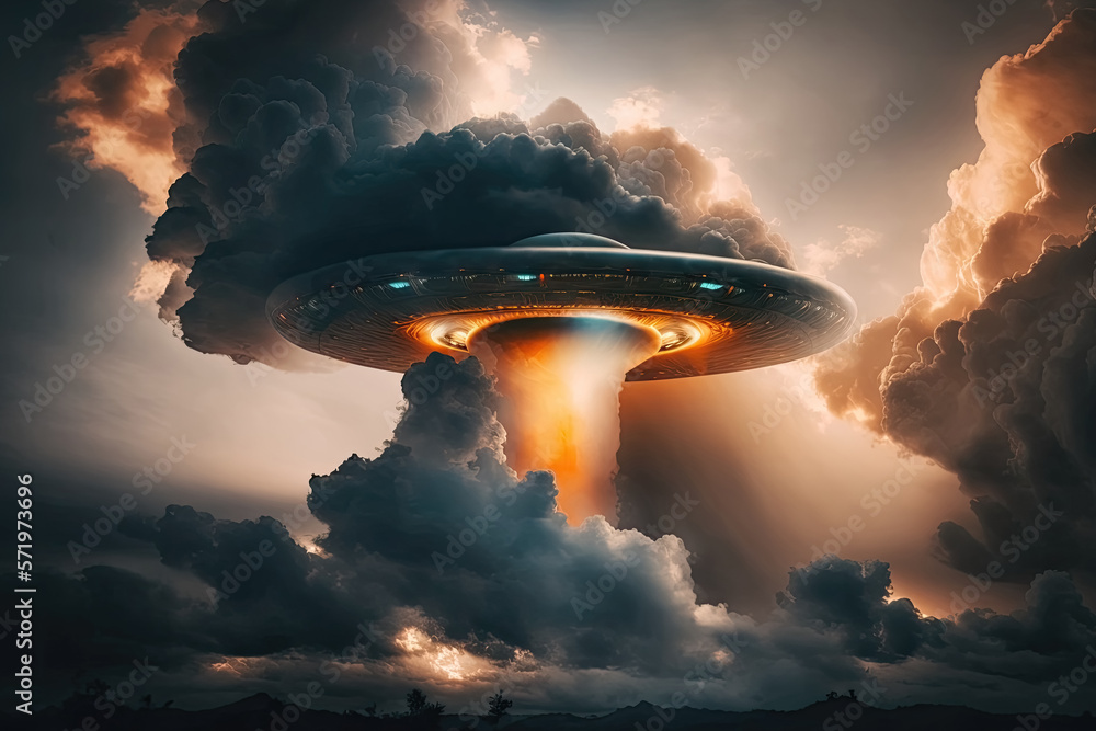 unidentified flying object (UFO) hovering in a dark night sky, emitting ...