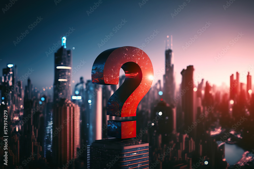 big red question mark with blurry background of skyline, ai generated ...