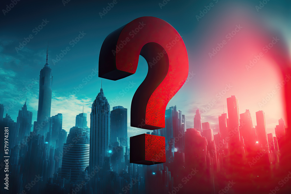 big red question mark with blurry background of skyline, ai generated ...