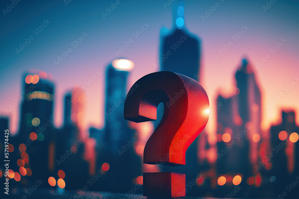 big red question mark with blurry background of skyline, ai generated ...