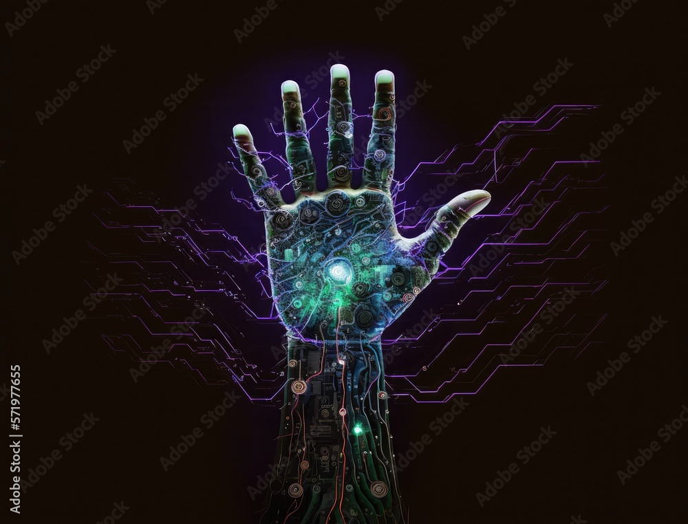 Cyber hand with microchips and microcircuitry neon glowing, reliable ...