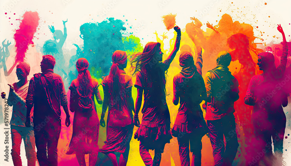 Holi festival celebration, people colorful silhouettes smear and drench ...
