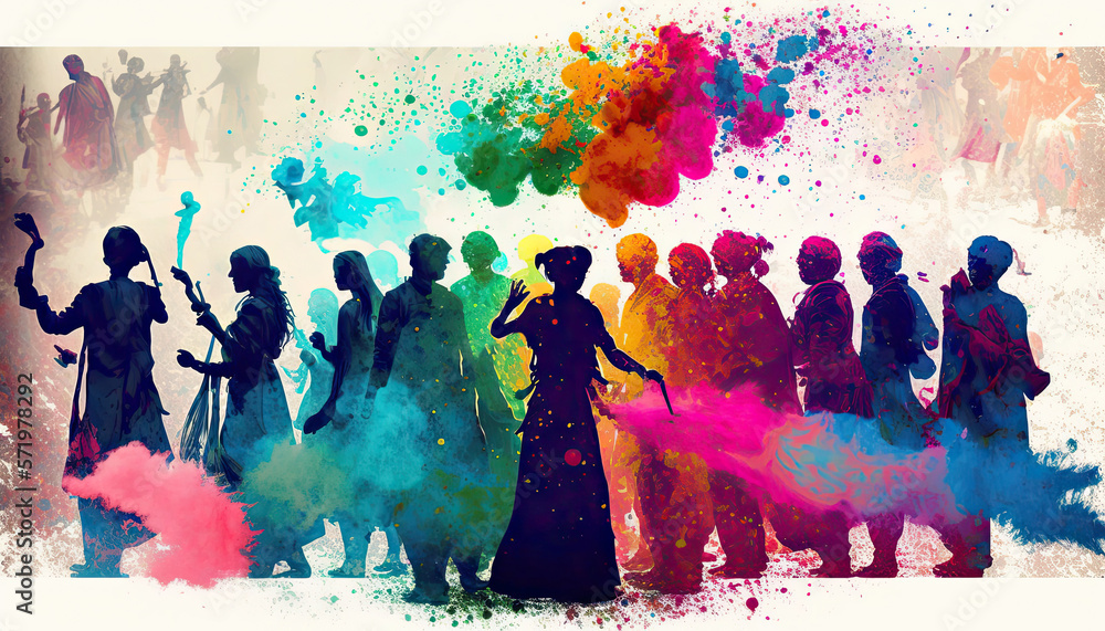 Holi festival celebration, people colorful silhouettes smear and drench ...
