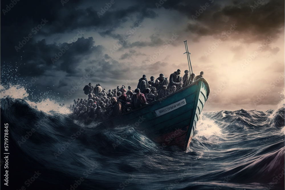 Ilustración de un barco patera repleto de gente, concepto inmigración ...