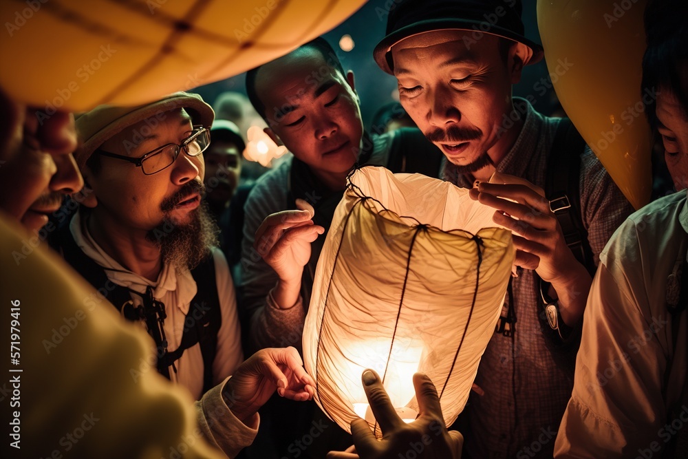 Asian tourists throwing paper lanterns into the air on a festival night ...
