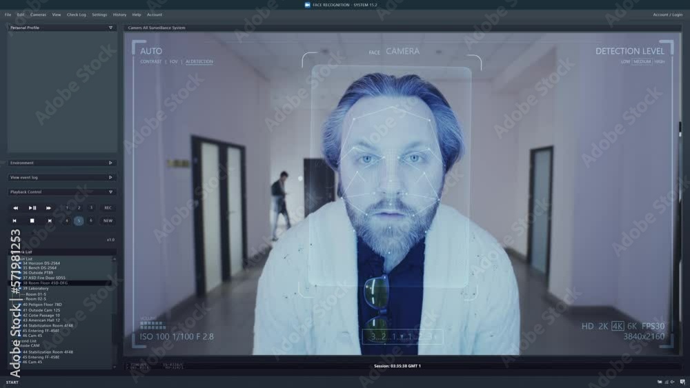 Montage of scans face in office. Peoples touch sensor and security ...