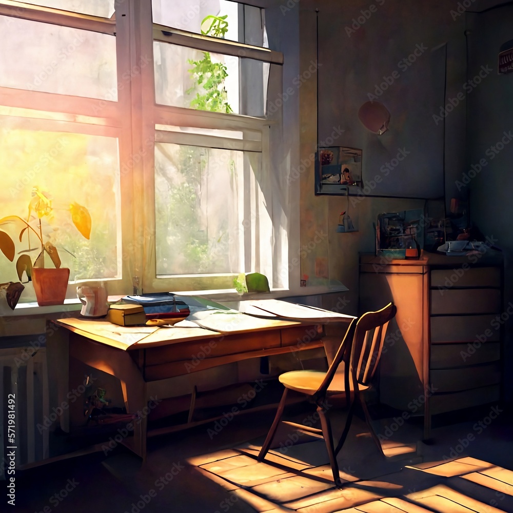 room with big window and computer table Stock Illustration | Adobe Stock