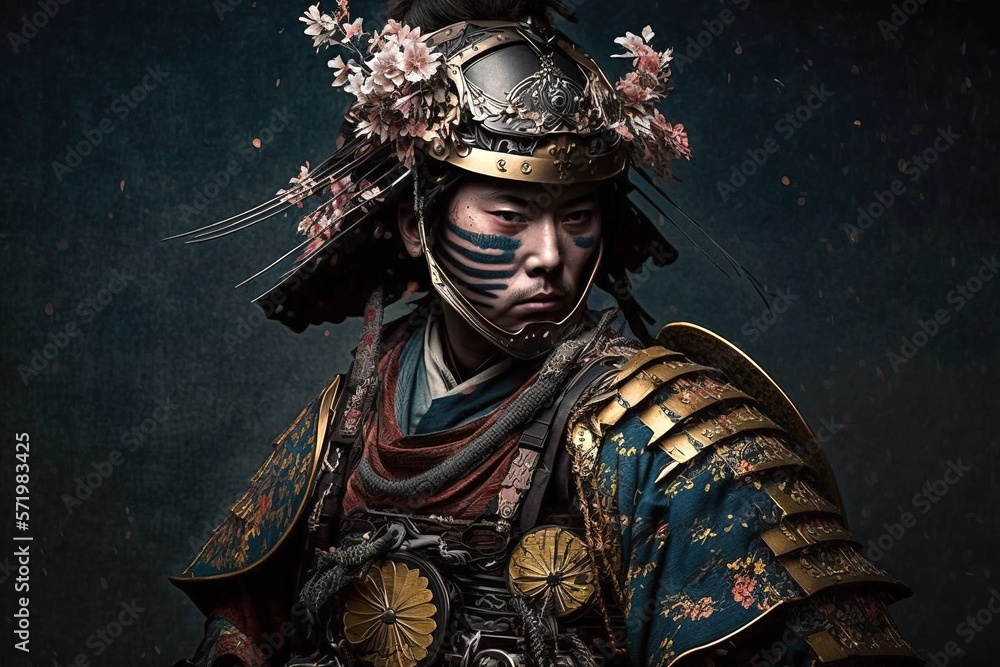 Samurai warrior in dark golden armor with sakura flowers on his helmet ...