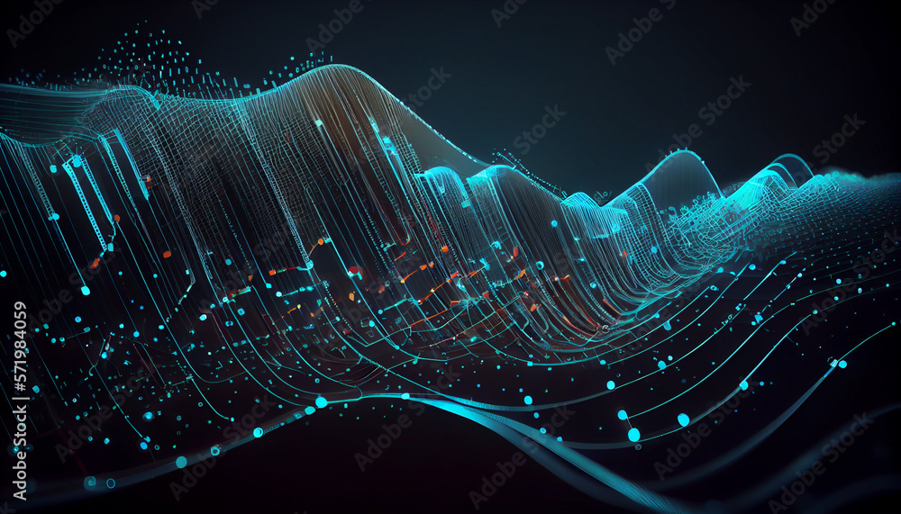 Cyber data flow 3D render blue ray music wave in dark background Image ...