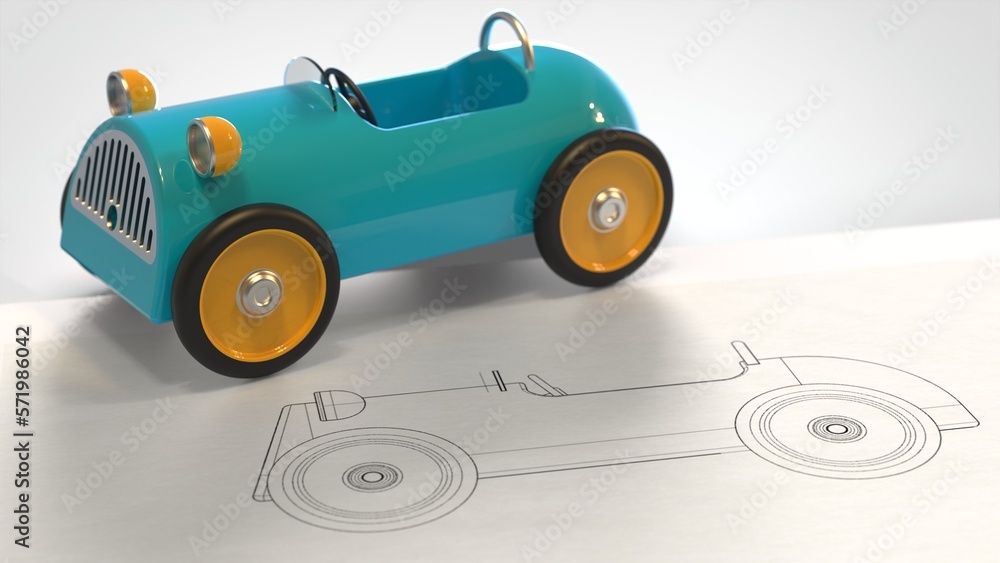 Toy car collection laid on its blueprint, 3d rendering Stock ...