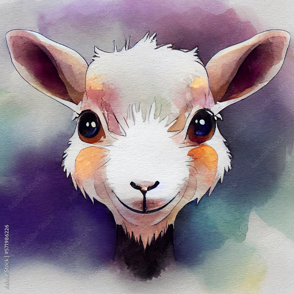 Cute baby goat happy smiling face. Watercolor illustration created with ...