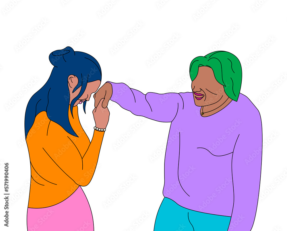 Lola/ grandma giving a Filipino blessing (mano po) to a girl Stock ...