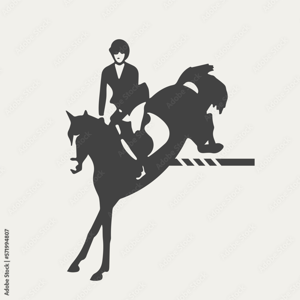 Black and white silhouette of an equestrian athlete and a horse ...