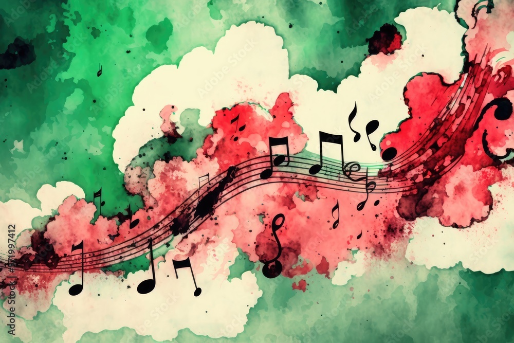 Teal abstract pattern clouds with music notes floating in air. The ...