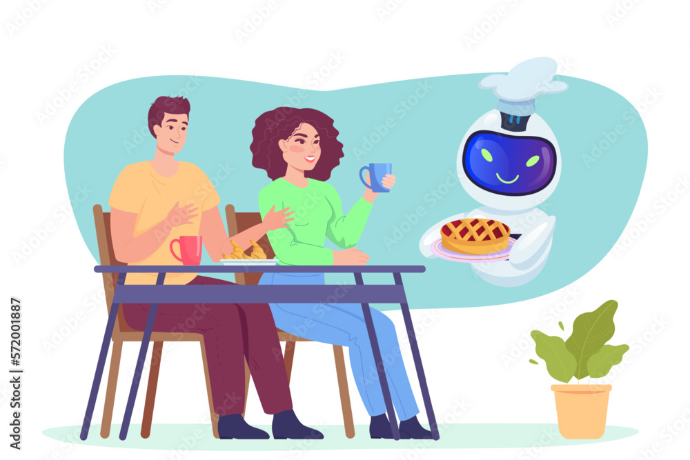 Robotic waiter serving pie to couple at restaurant or cafe. Cartoon ...