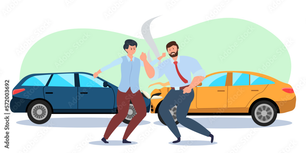 Angry car drivers fighting at accident site. Furious men arguing ...