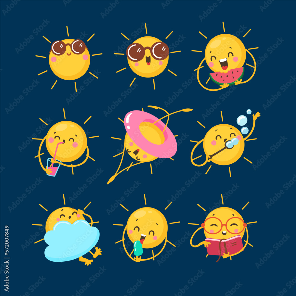 Cartoon set of suns icon with different emotions. Funny vector ...