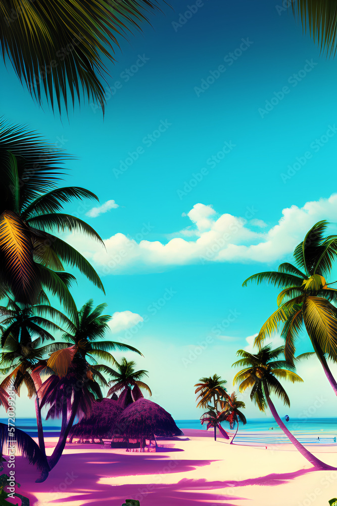 Palm trees on the beach. Tropical colors in 80s retro wave style ...
