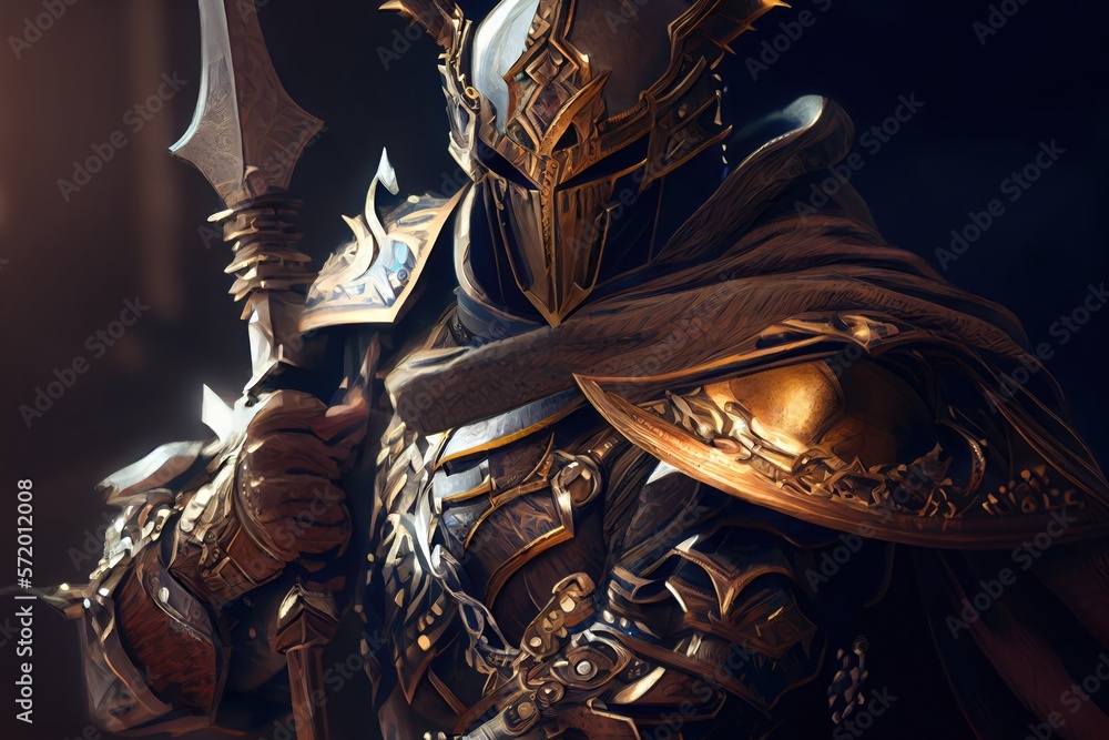 Warriors in ornate and shiny flexible armor hold sword. Generative AI ...