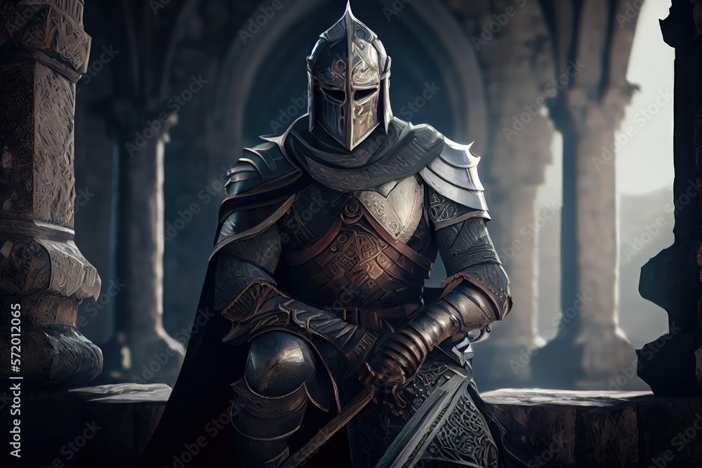 Warriors in ornate and shiny flexible armor hold sword. Generative AI ...