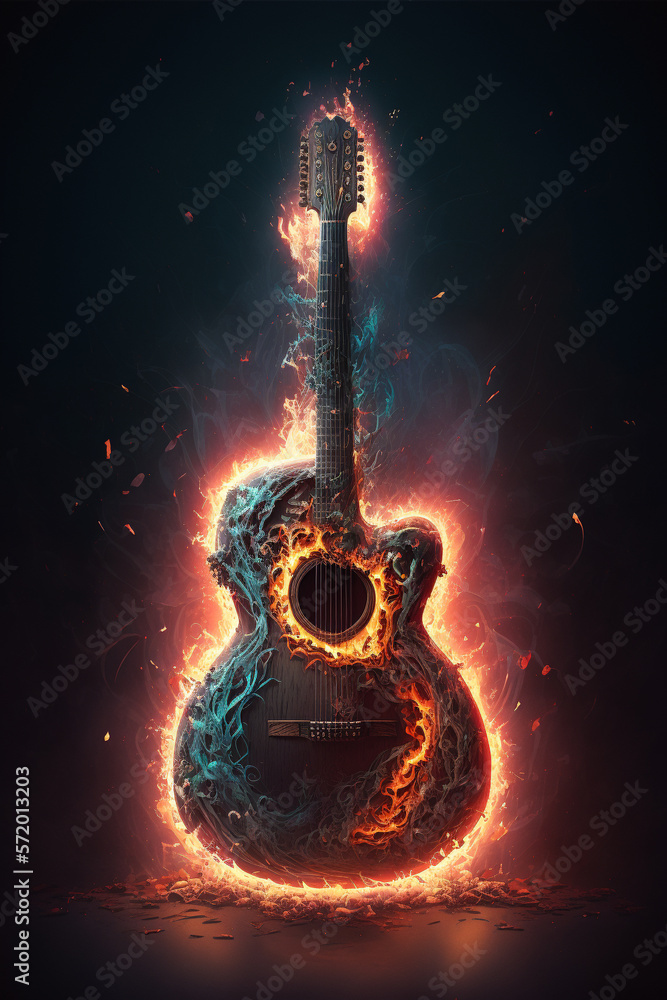 Colorful, psychedelic guitar with intricate details and ornaments ...