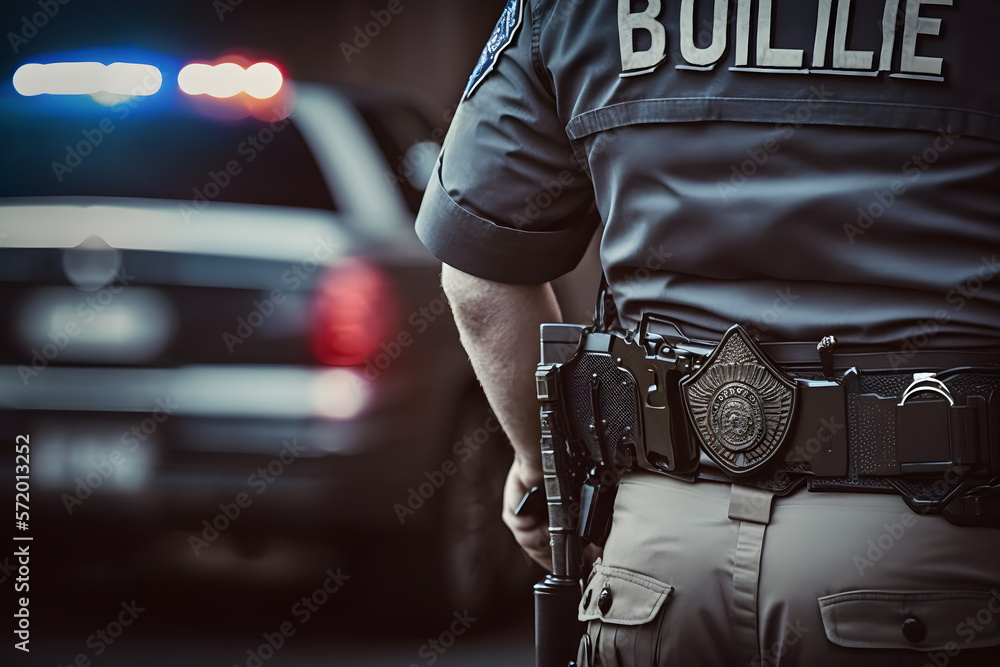 Back view of alerted undercover cop or security agent reaching hand gun ...