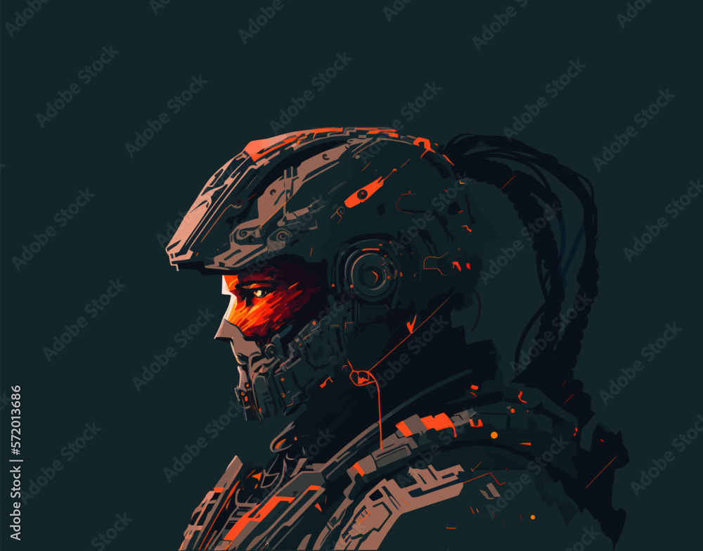 Soldier of the future. profile, author. dark, technology, equipment ...