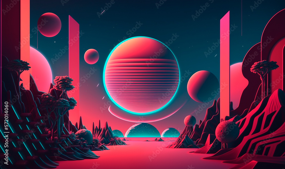 Colorful multiverse in synthwave style background. Red road with 3d ...