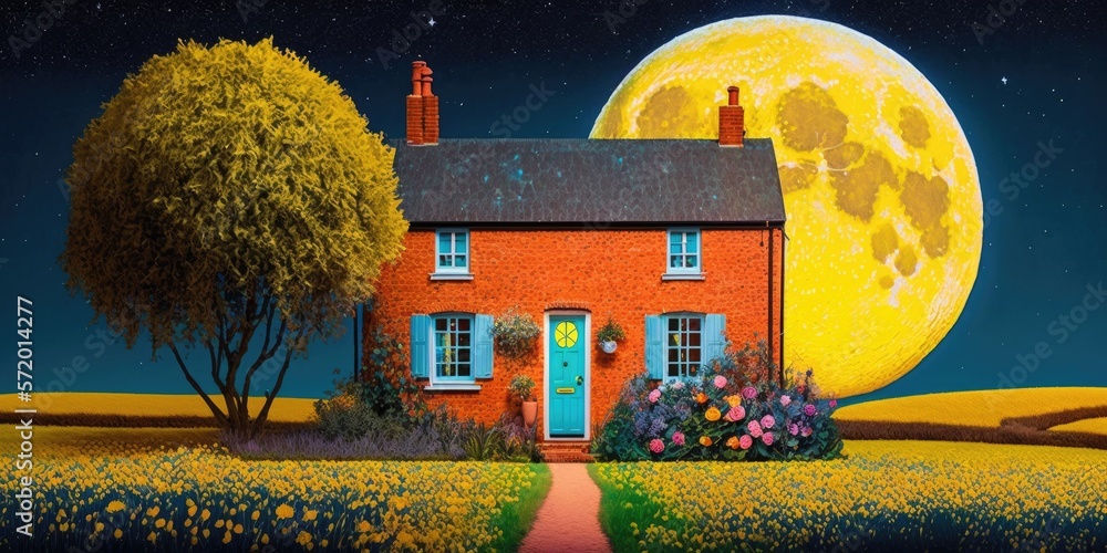 Fototapeta Surreal traditional English cottage in dreamy countryside ...