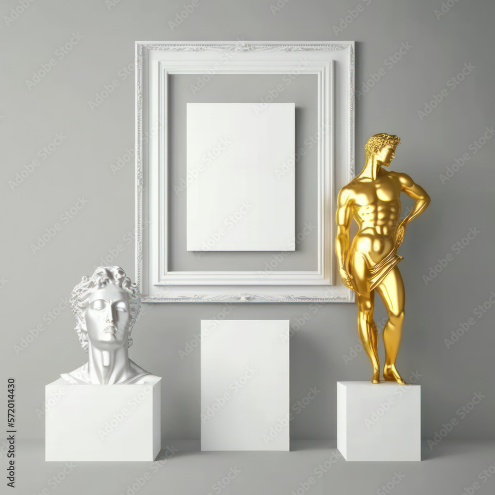 Frame poster mockup in home interior, gold frames and silver statues AI ...