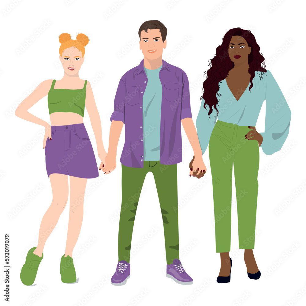 Three polyamorous people of various ethnicity. People holding hands ...