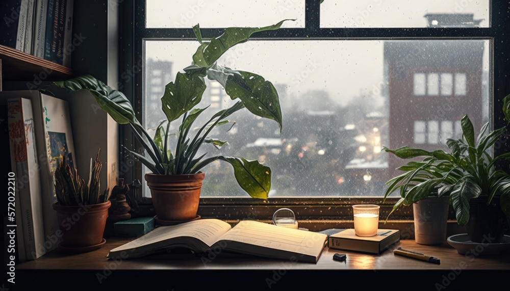 View from a plant-cluttered desk out a window into a rainy city ...