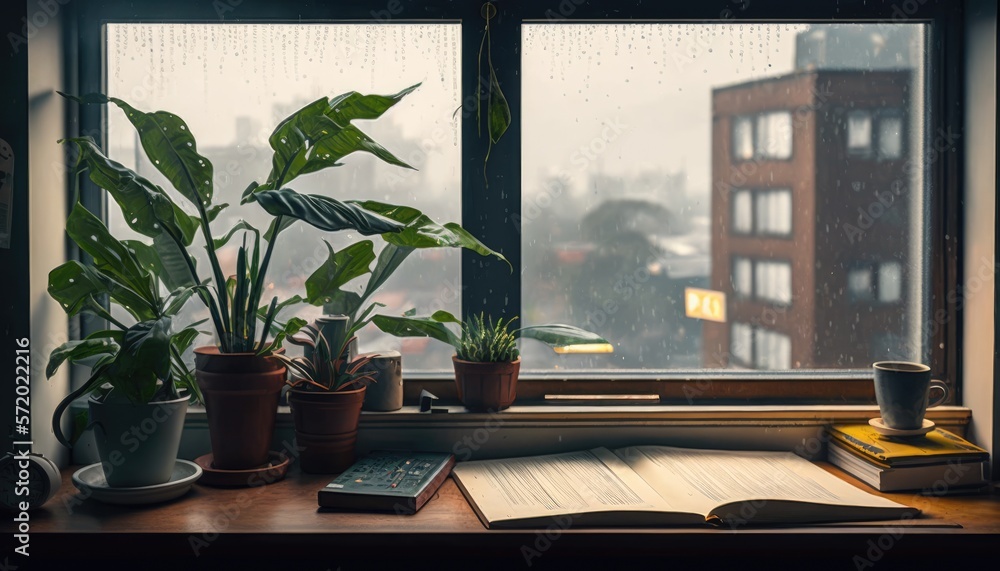 View from a plant-cluttered desk out a window into a rainy city ...