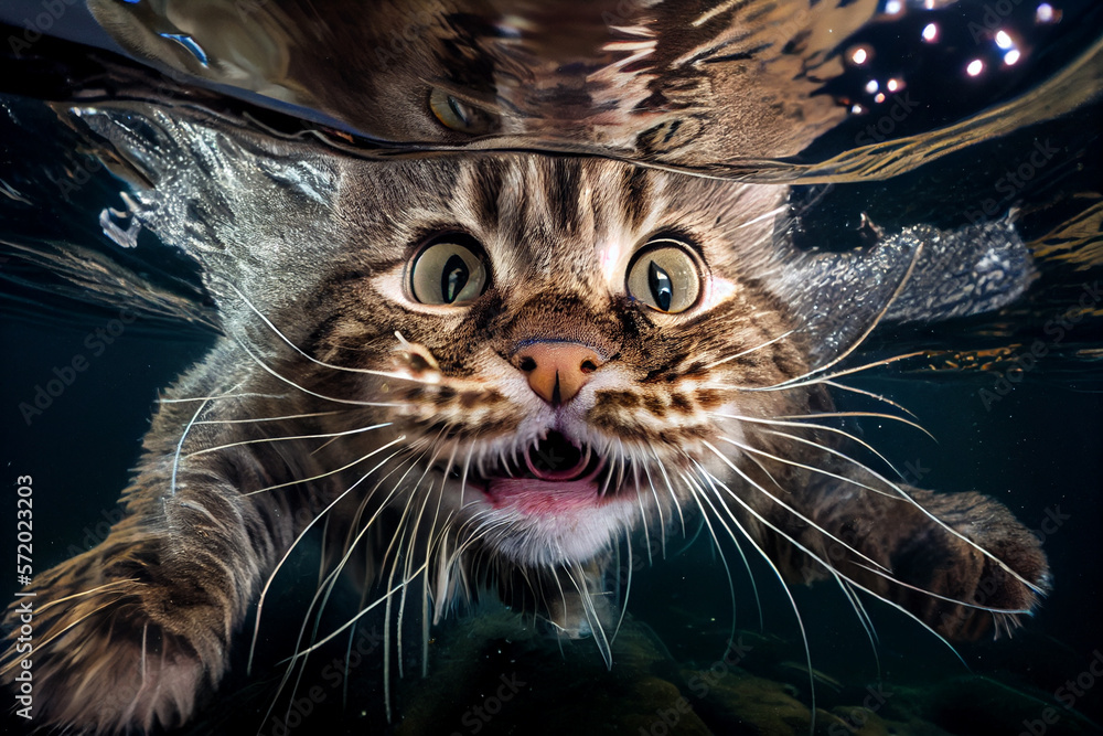 Underwater action portrait of funny cat diving in water. Generative Ai ...