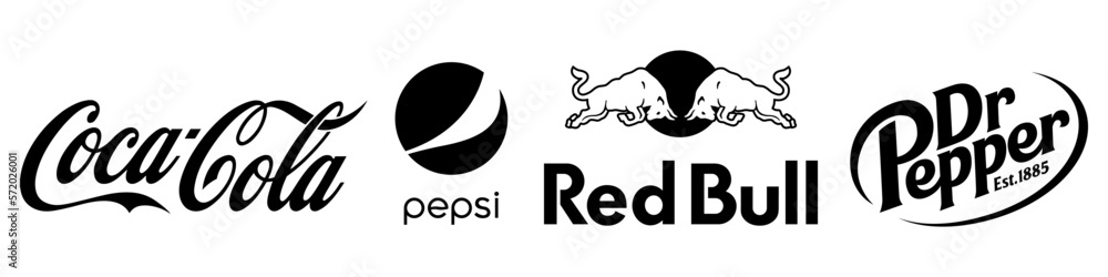 Coca Cola carbonated soft drink logo set. Pepsi, Dr Pepper, Red Bull ...