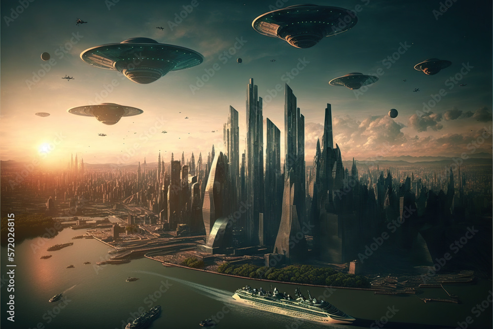 Ilustración de naves espaciales, onis, sobrevolando una gran ciudad ...