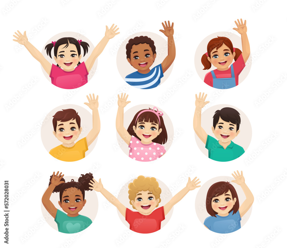Smiling kids boys and girls avatar set waving hands isolated vector ...