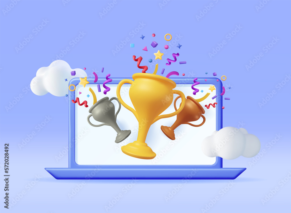 3D Winner Laptop with Gold Trophy and Confetti. Render Computer with ...