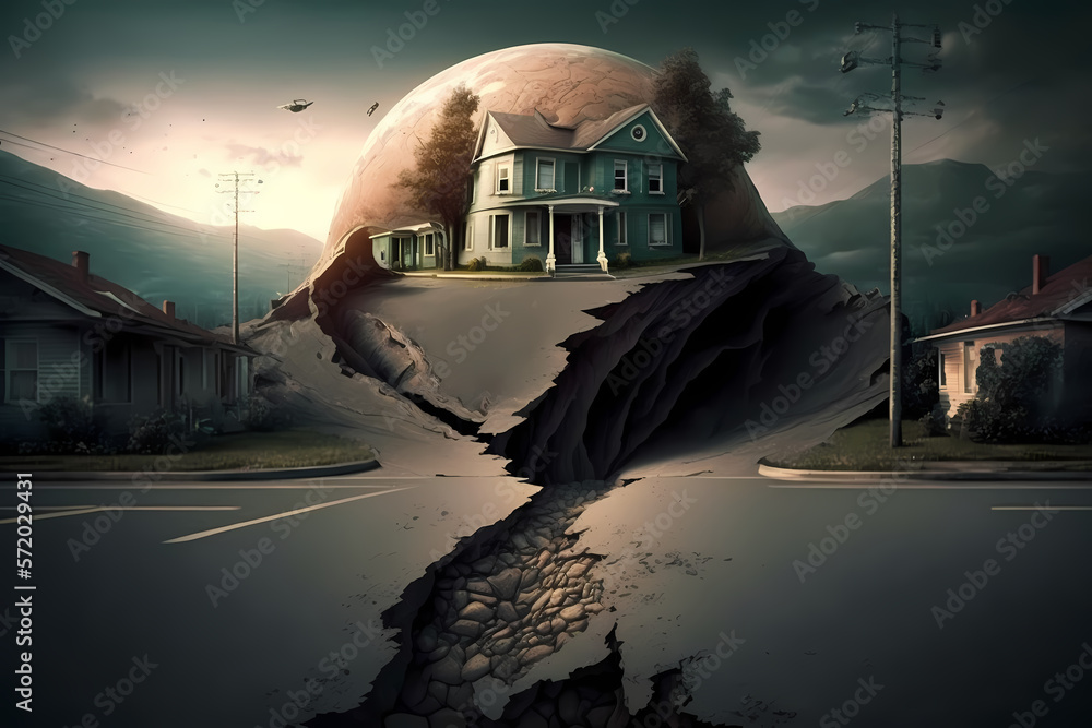 Destroyed building from an earthquake, a crack in the road. generative ...