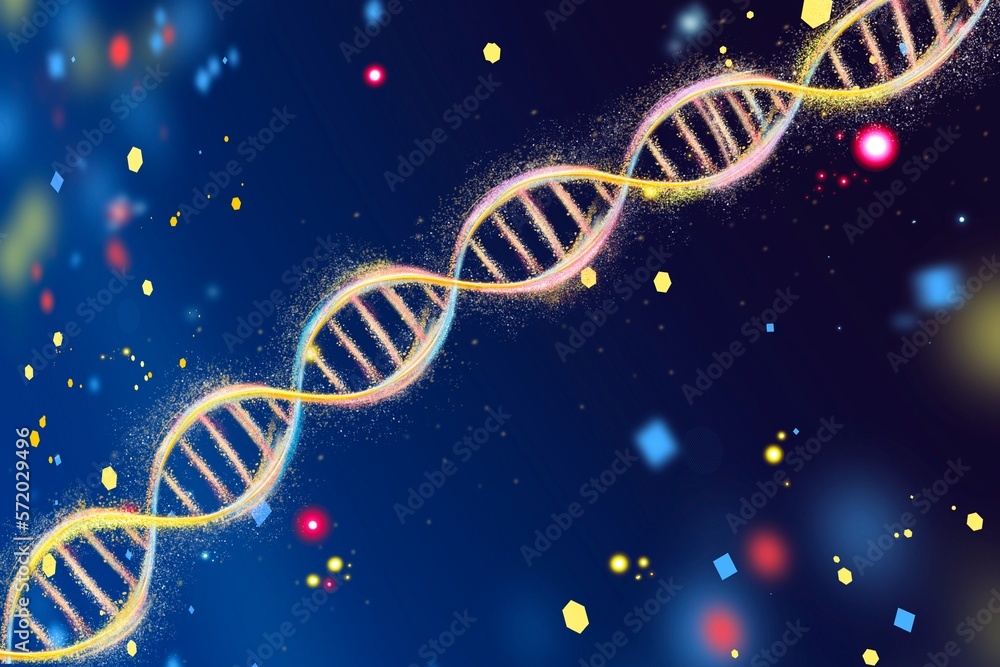 3d illustration DNA made from little sparkles, blue tones.Hud scientist ...