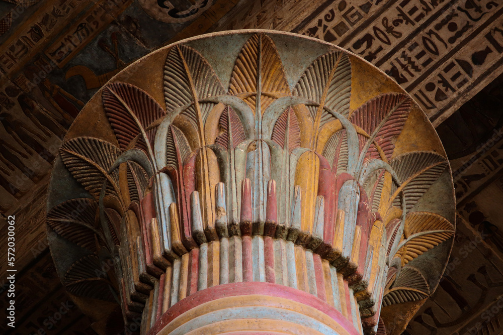 beautiful ancient egyptian column decorations at Kjnum temple in Esna ...
