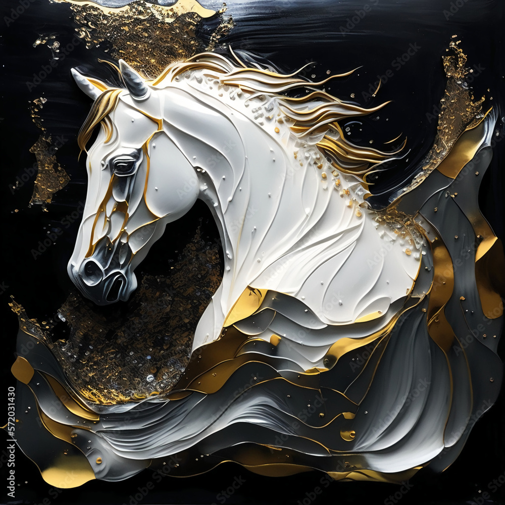 luxury abstract modern marble painting of golden horse with golden ...