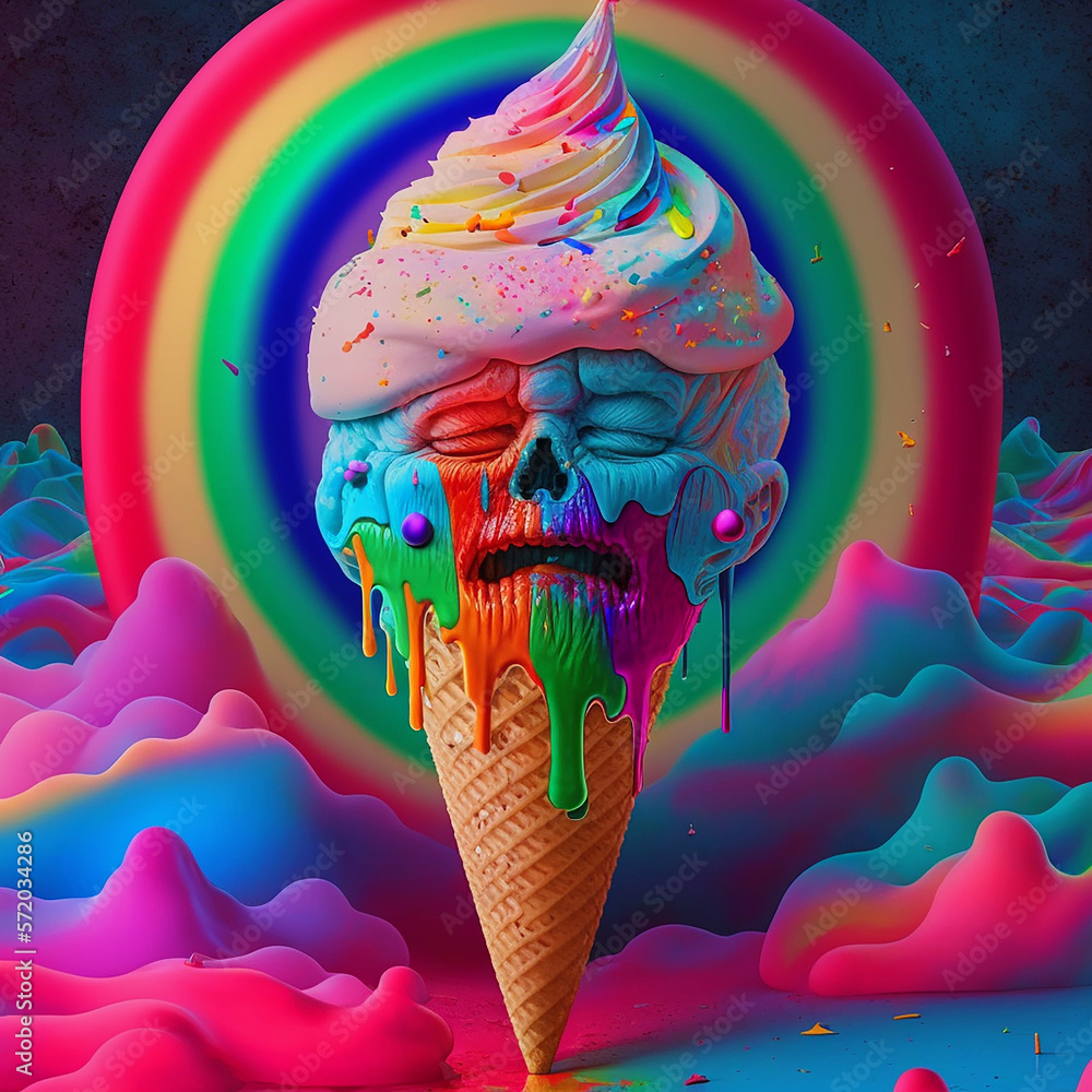 Surrealistic rainbow colored alien ice cream with face. Created using ...