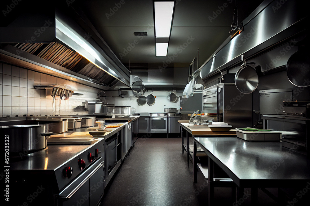 Professional kitchen, view counter in stainless steel. ilustração do ...