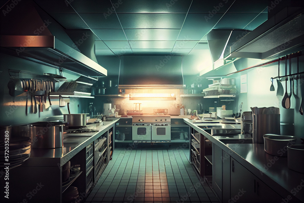 Professional kitchen, view counter in stainless steel. Stock ...