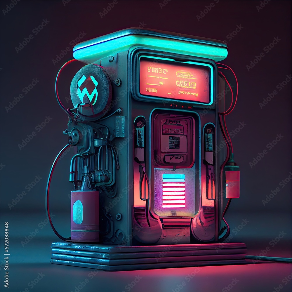 Neon gas station fuel pump, futuristic cyberpunk style Stock ...