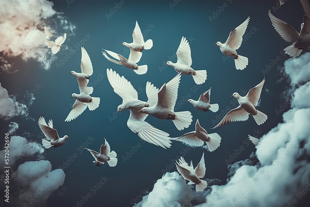 Flock of goose birds flying in a clear blue sky outdoors with copy ...