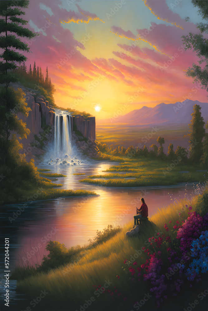 A breathtaking landscape stretches out before the viewer, with a lush ...