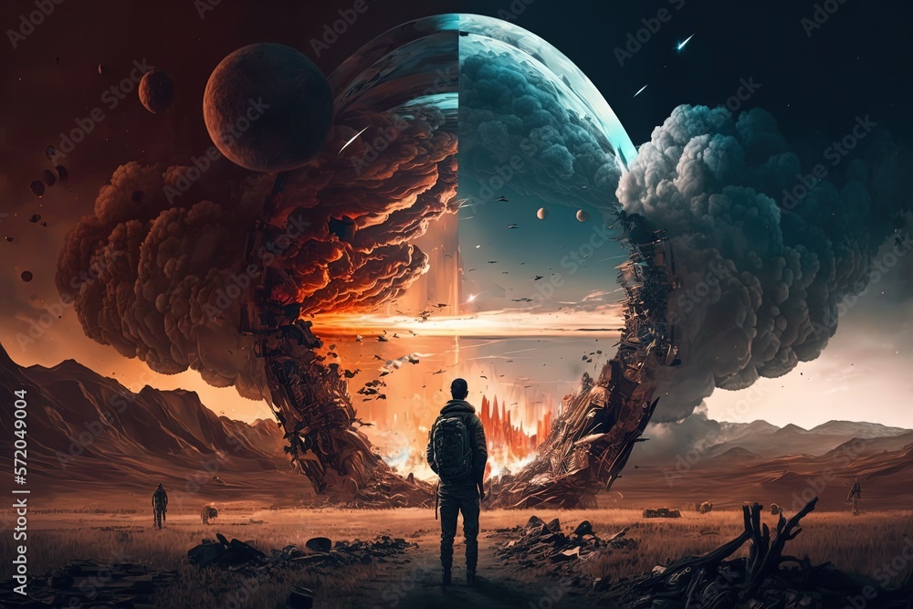 a man walking on wasteland to the other world dimension gate ...