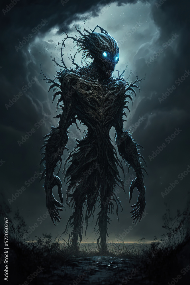 creepy looking creature standing in the middle of a dark sky, horror ...